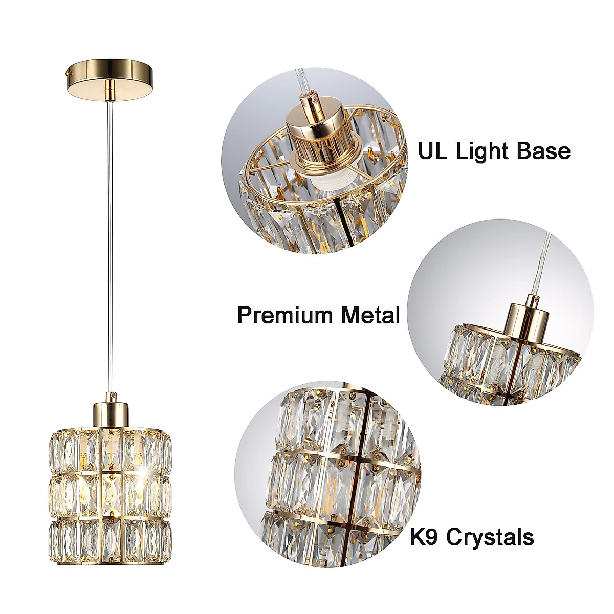 Popity home Gold Crystal Pendant Light, Pendant Lights Kitchen Island 3 Pack, Adjustable Modern Pendant Light, Hanging Light Fixtures for Dining Room Entryway Living Room Bar