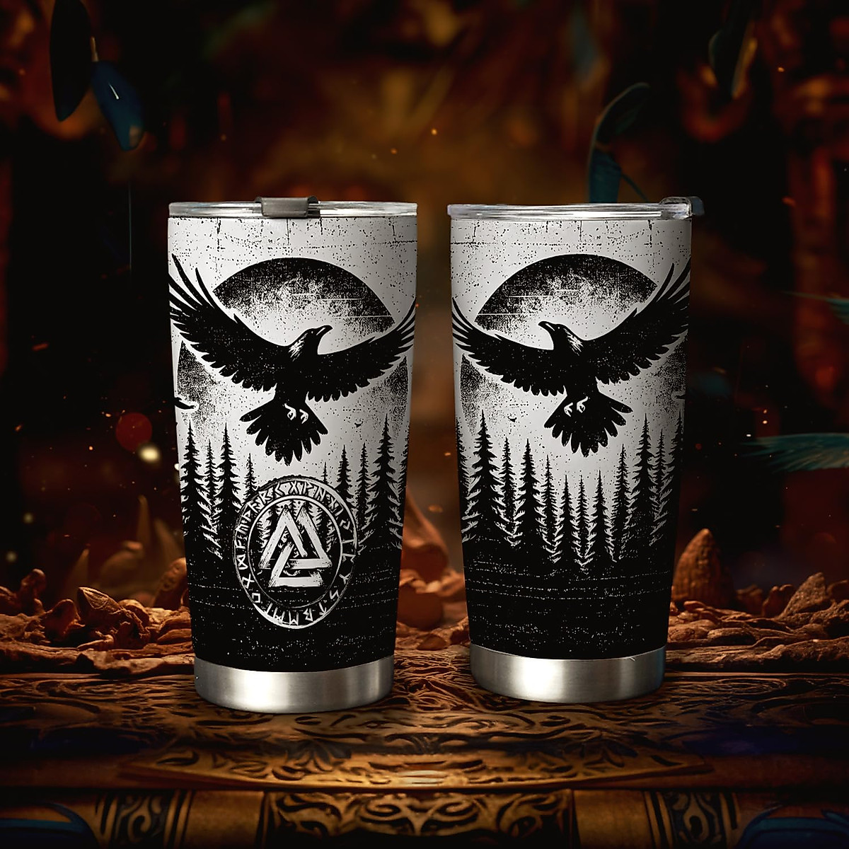 20oz Viking Raven Tumbler, Norse Mythology, Viking Gifts for Men, Vikings Celtic Coffee Thermos, Stainless Steel Double Wall Vacuum Insulated Coffee Mug, Travel Cup with Lid