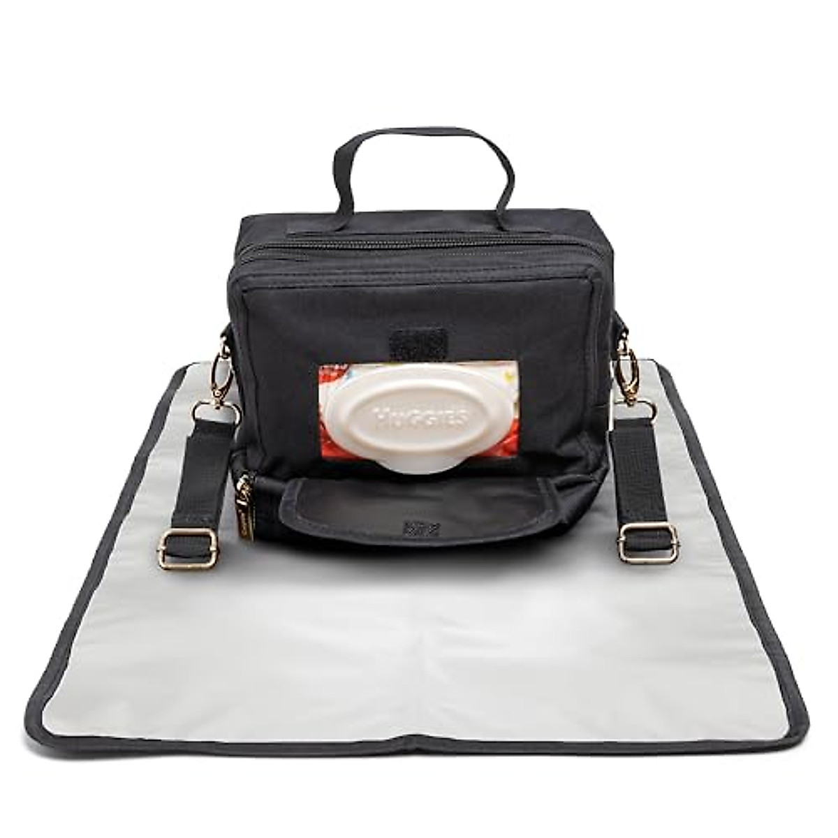 Small Crossbody Diaper Changing Bag with Portable Baby Changing Pad, Front Wipes Pocket Opening, Shoulder & Stroller Straps Included (Black Nylon)