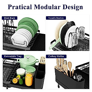 Kitsure Kitchen Dish Drying Rack - Extendable Dish Rack w/Large Capacity, Dish Rack for Kitchen Counter, Multipurpose Dish Drainer w/Detachable Brackets for Pot Lids, Dishes-4063