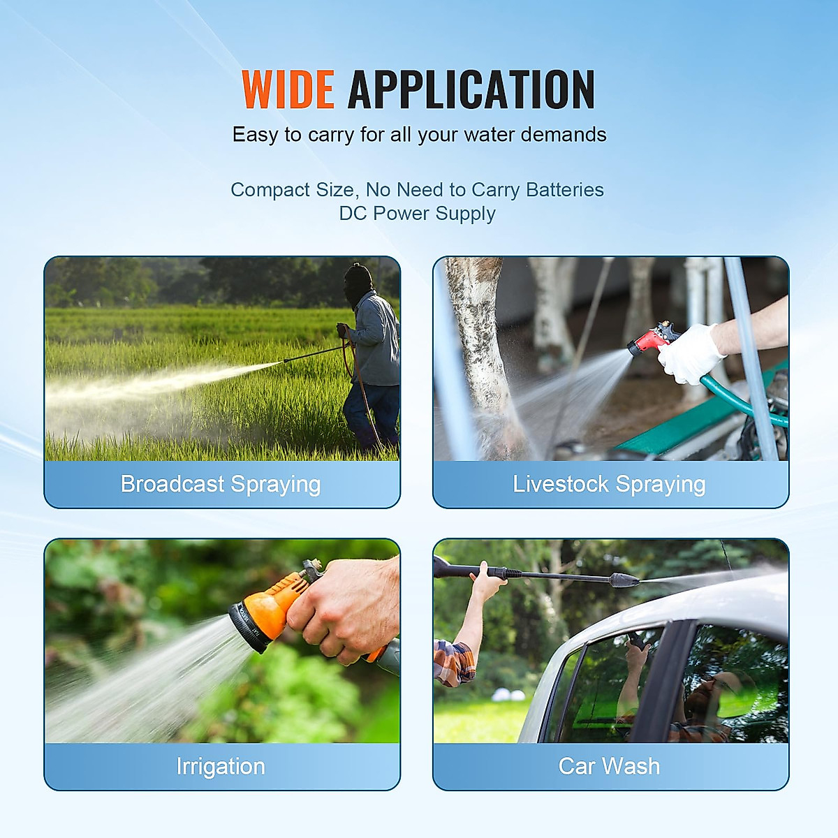 VEVOR Water Diaphragm Pump, 12V DC, 5.5 GPM Flow, 70 PSI Rated Pressure (40-100 PSI Adjustable), 1/2" MNPT Self Priming Sprayer Pump with Pressure Switch for Car Washing, Agricultural Irrigation