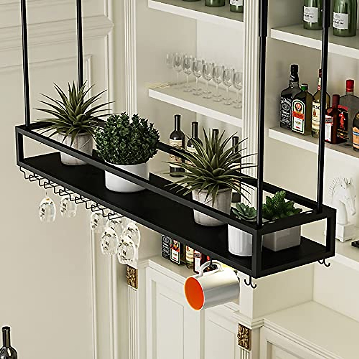 Ceiling Hanging Wine Rack Glass Bottle Goblets Display Holder Storage Shelf Adjustable Industrial Black Wine Wall Mounted Racks Bar Unit Floating Shelves (Size : 80x25x21cm)