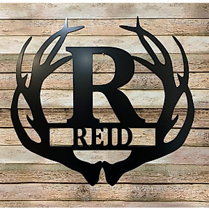 PK Décor Deer Antler Decor Family Last Name ACM Metal Sign For Man Cave, Couple Antler Initials, 18 or 24 inches, Last Minute Gift Idea for Him, Black, White, Silver, Gold