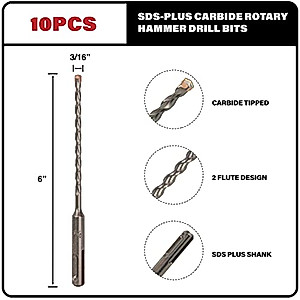 Sabre Tools 10-Pack SDS Plus 3/16" x 6" Rotary Hammer Drill Bits, Carbide Tipped for Brick, Stone and Concrete