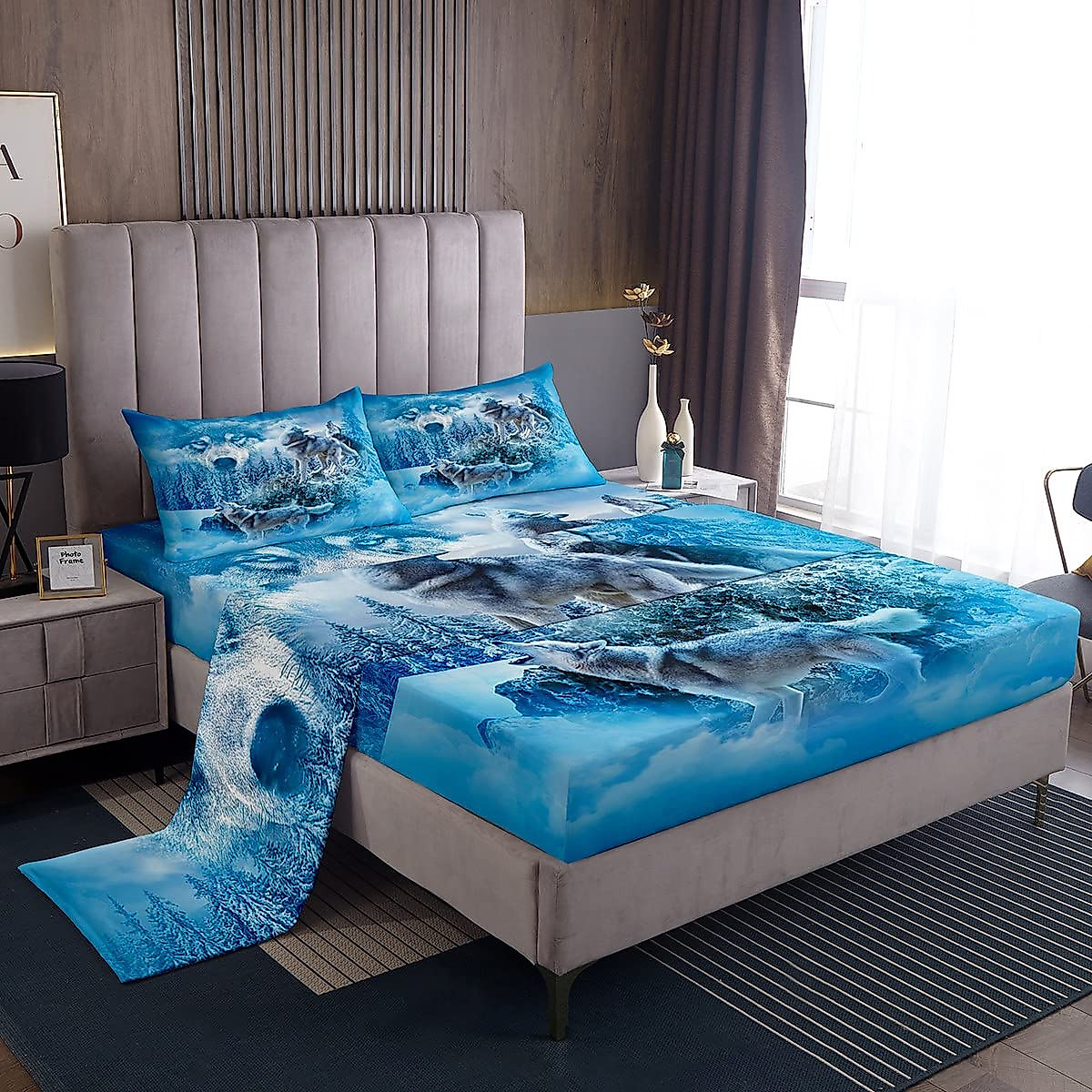 Snow Wolf Sheet Set Full Size Wild Animal Theme Bedding Set for Kids Boys Teens Room Decor, 3D Wolf and Trees Print Bed Sheet Set 4pcs with Deep Pocket Fitted Sheet + Flat Sheet + 2 Pillowcases