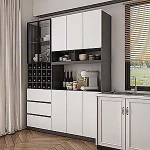 FAMAPY Kitchen Hutch Storage Cabinet with Wine Storage & Glass Doors and Lights, Storage Cabinet Bar Cabinet with Adjustable Shelves, White and Dark Grey (63”W x 15.7”D x 82.6”H)
