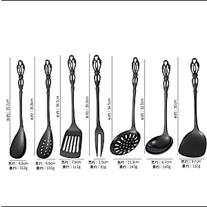 Black Stainless Steel Cooking Utensils Set Heat Resistant Kitchen Utensils Set Includes Colander, BBQ Fork, Pasta Scoop, Soup Spoon, Pointed Spoon, Spoon, Metal Kitchen Tool