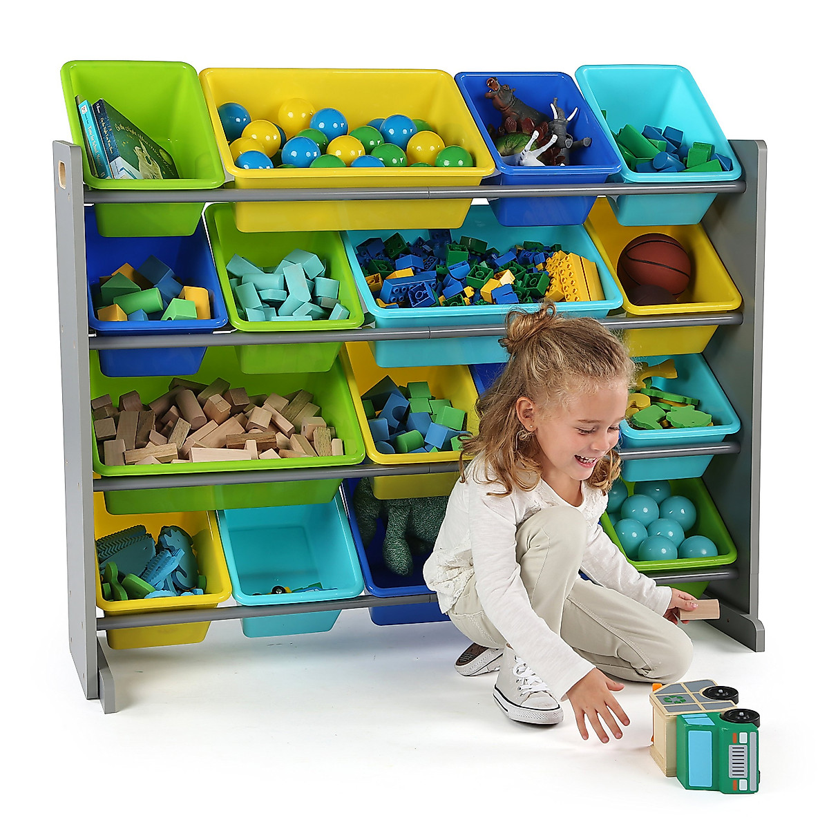 Humble Crew Extra-Large Toy Organizer, 16 Storage Bins, Grey/Blue/Green/Yellow,15.5"D x 42"W x 35"H