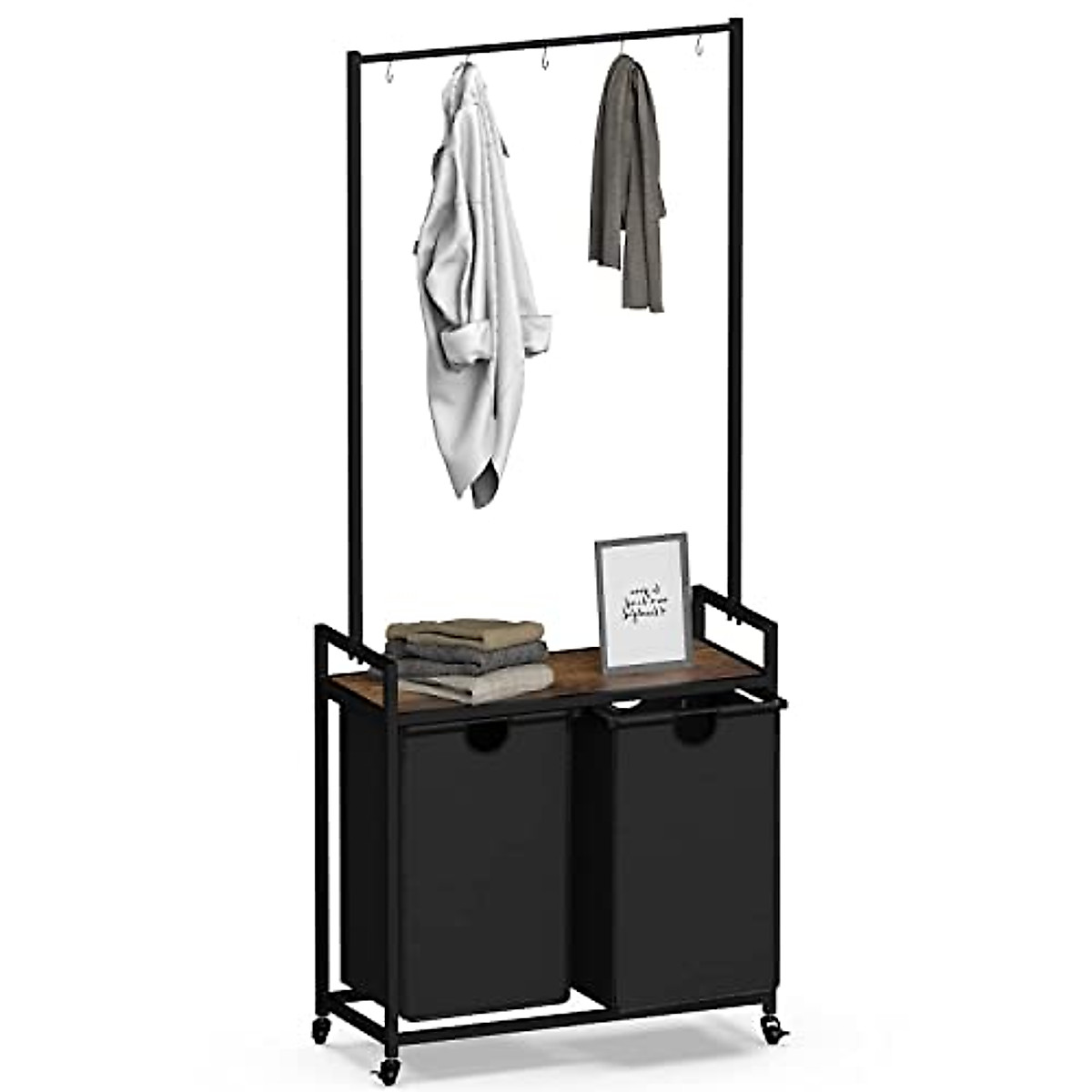 Simoretus Laundry Basket Sorter with Clothes Hanging Bar,Wooden Shelf,2 Sliding Bags, Hamper Garment Rack with Rolling Wheels for Laundry Room Bathroom Bedroom