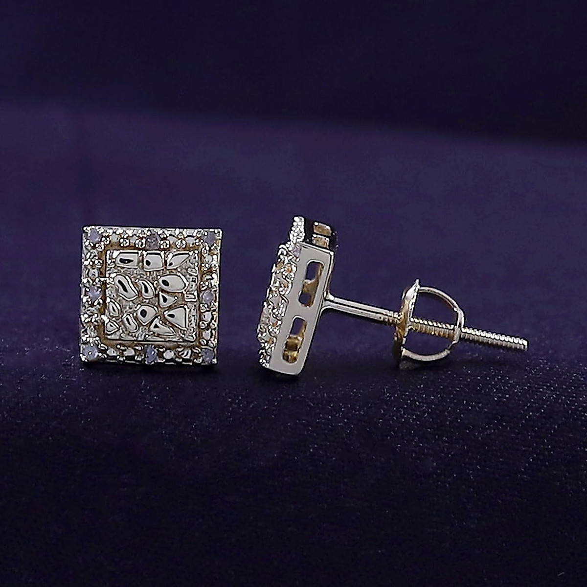 Round Natural White Diamond, Accents Square Shape Nugget Men's Studs Earrings in 10k Solid Yellow Gold (0.05 cttw) Screw Back Earring's gift for men's