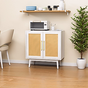 LYNSOM Sideboard Buffet Cabinet with Storage, Kitchen Buffet Cabinet with Rattan Doors and Adjustable Shelf, Small Storage Cabinet with Solid Wood Feetfor Hallway, Entry, Living Room, White