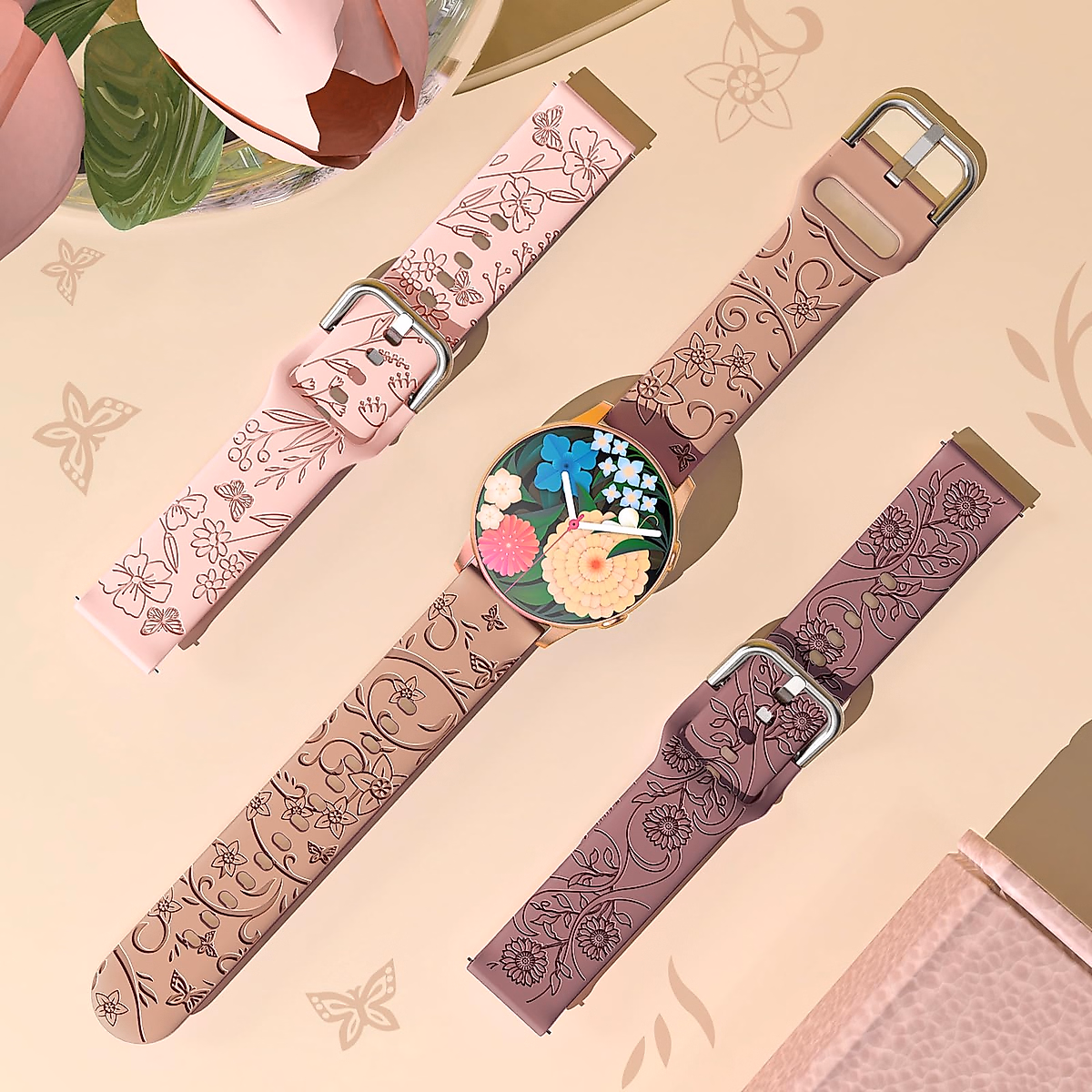 SuperNaNa Floral Design 3 Pack Samsung Galaxy Watch Bands for Women, Elegant Butterfly and Wildflower Engravings, 20mm Width, Quick Release, Soft Silicone