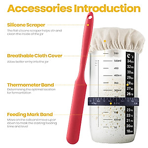 Maxcheck 4 Sets Sourdough Starter Jar Sourdough Starter Kit with Thermometer Scraper, Cloth Cover and Metal Lid 24 oz Wide Mouth Sour Dough Jar Container for Bread Baking Supplies(4 Sets)
