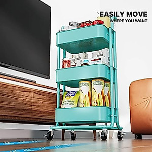 3 Tier Rolling Cart Organizer with Wheels, ADA Compliant, Metal Construction, Assembly Required, Spacious Storage Capacity, Lockable Casters, Hollow Carved Basket Design, 33.8'' H x 16.5'' W (Blue)