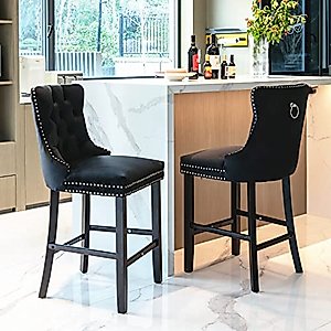HomSof Counter Height Bar Stools Set of 2, Velvet Upholstered Dining Chairs with with Button Tufted Decoration, Wooden Legs and Nailhead Trim