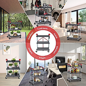 Towallmark Portable Folding Service Cart, 3 Tier Folding Utility Cart, Collapsible Utility Carts for Office, Warehouse, and Home, 56 Lbs Load Capacity per Shelf (Grey & Red)