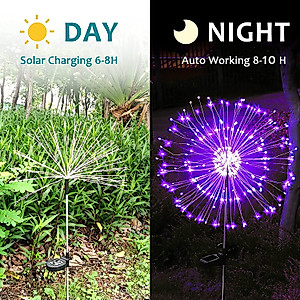 JJGoo Solar Garden Lights Solar Firework Lights, 2 Pack 150 LEDs 2 Lighting Modes Solar Lights Outdoor Waterproof for Garden Patio Walkway Pathway Party Wedding Christmas Decorative - Purple