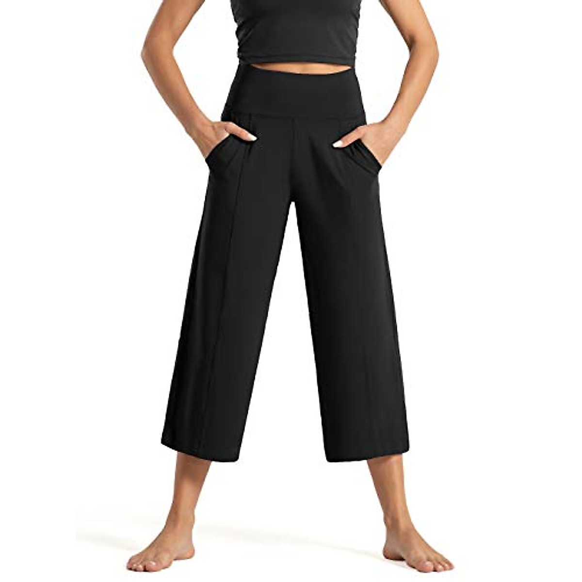 Tmustobe Womens Lounge Yoga Capris Pants Bootleg Tummy Control High Waist Workout Flare Crop Pants with Pockets (Black, Large)