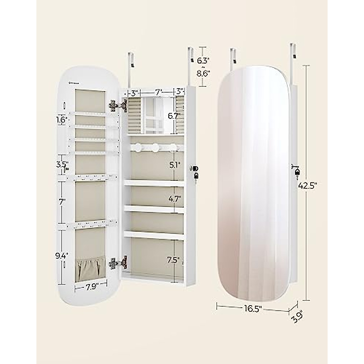 SONGMICS Jewelry Organizer, LED Jewelry Cabinet Wall/Door Mounted, Lockable Rounded Wide Mirror with Storage, Interior Mirror, 3.9 x 16.5 x 42.5 Inches, White Surface with Greige Lining UJJC026W01