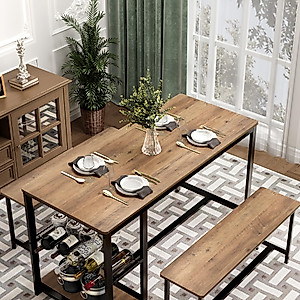 BOTLOG 3-Piece Kitchen Table for 4, 54.7" Dining Table Set with 2 Benches, Dining Room Table with MDF Wood Board, Storage Shelf, Wine and Glass Rack, Industrial (Brown)