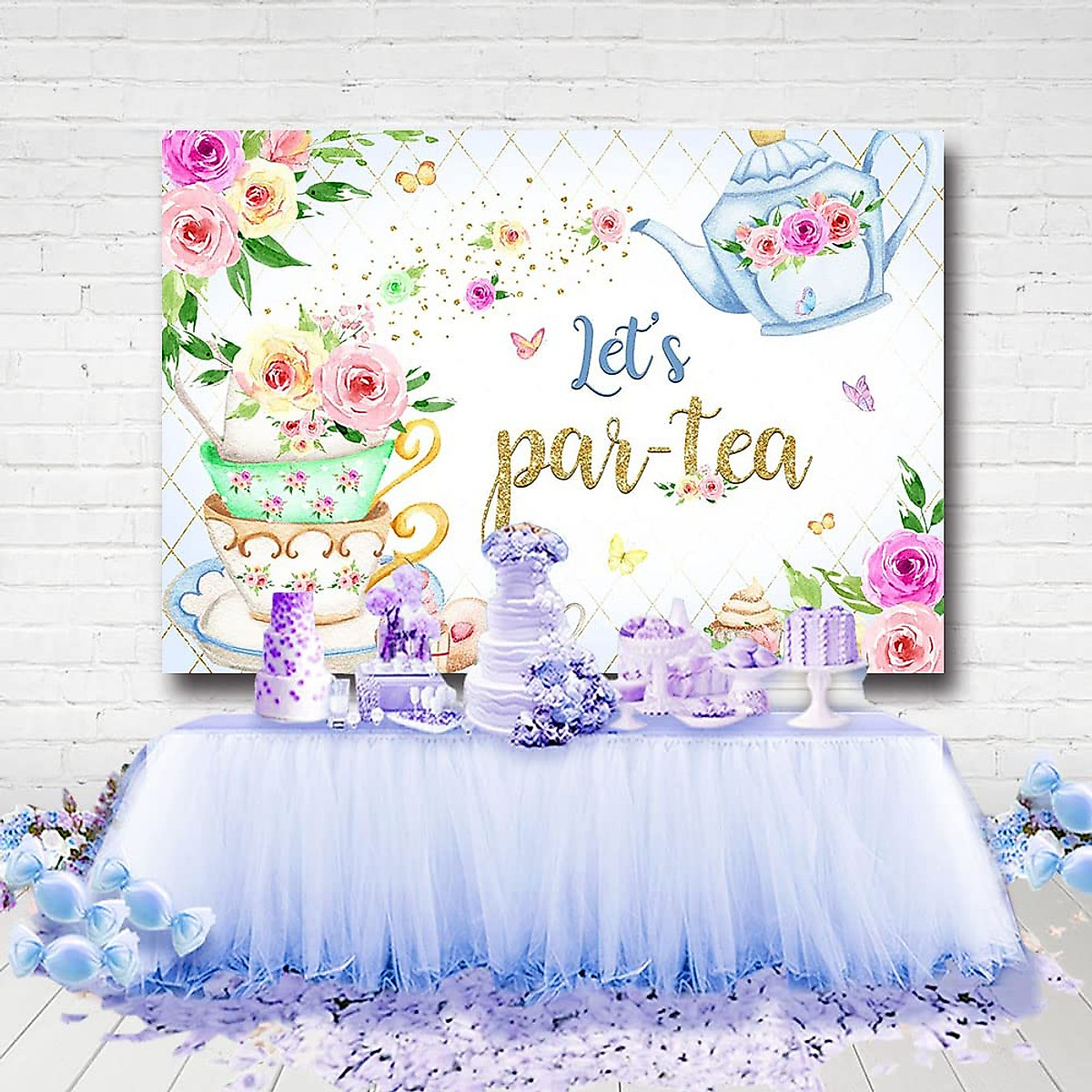 Tea Birthday Party Backdrop Let's Partea Pink Flowers Photo Background Newborn Kids Princess Birthday Party Decoration Cake Table Banner (7x5ft)