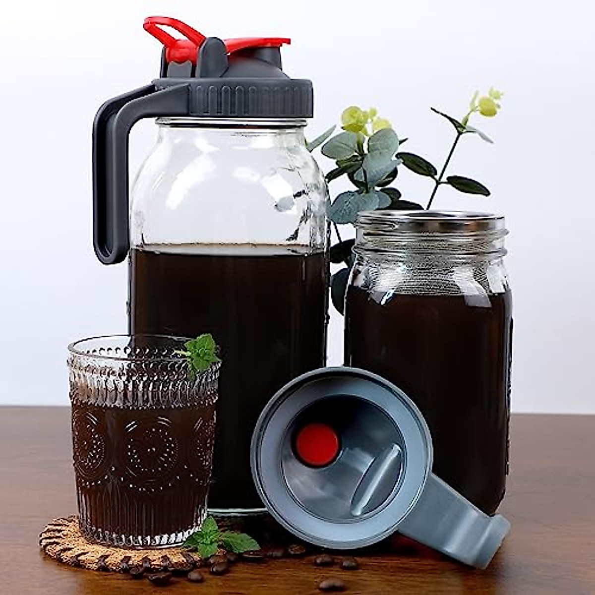 GMSWEET Cold Brew Coffee Maker Mason Jar 32 OZ Wide Mouth Cold Brew Pitcher With Pour Spout Handle Lid And Brew Filter For Iced Coffee, Iced Tea, Lemonade And Beverages