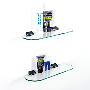 APROTOSS Sleek 16 inch Glass Shelves with Black Hardware- Enhance Your Glass Bathroom Vanity Shelf and Wall Decor with Stylish Black Glass Floating Shelves and Decorative Glass Wall Shelves