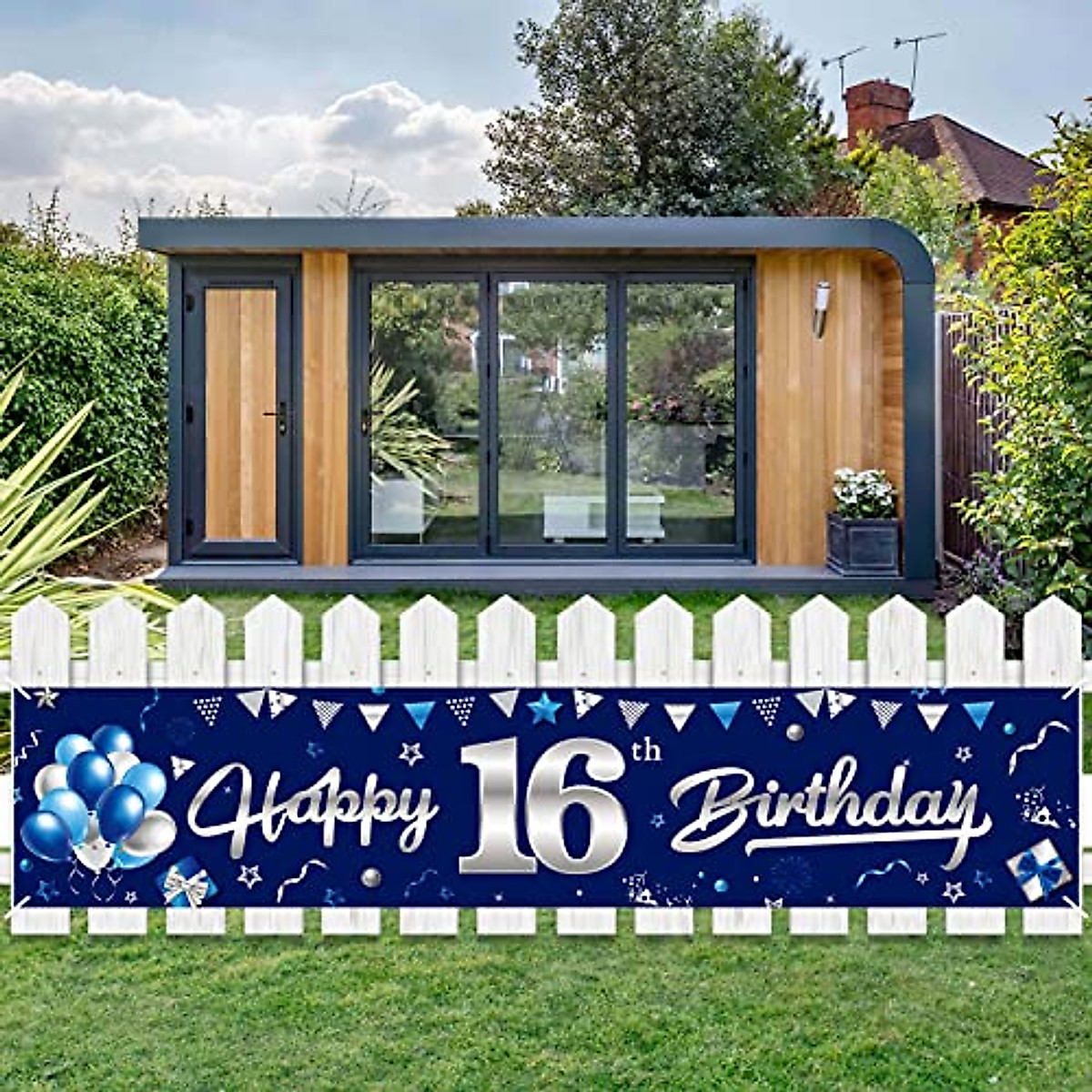 Lnlofen Blue Silve 16th Birthday Banner Decorations, Happy 16 Birthday Yard Banner Sign for Boys, Sweet 16 Year Old Birthday Background Décor for Indoor Outdoor