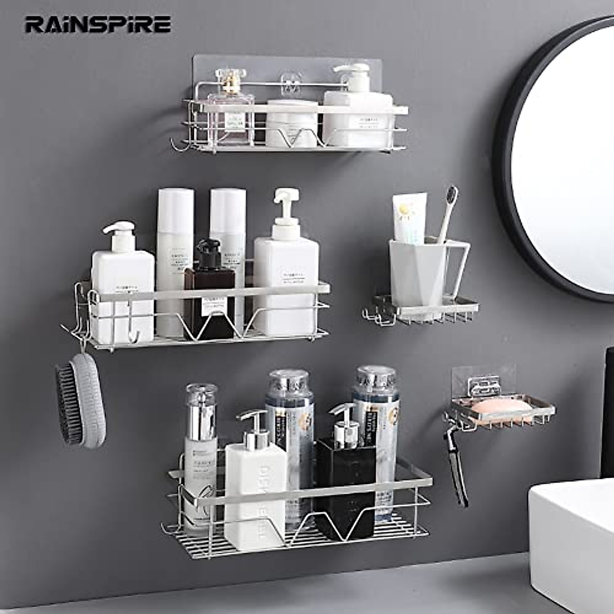 Rainspire Adhesive Shower Caddy, Large Capacity Self Adhesive Shower Shelves for Inside Shower, Shower Rack Shower Shelf for Inside Shower Stainless Steel Bathroom Shower Organizer, Middle, Silver
