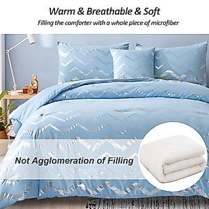 Menghomeus Blue/Silver Comforter Set Queen/Full Size Metallic Print Glitter Bed Comforter Cute Shinny Christmas Bedding for Teen Girls Kids Women, 4 Piece (2 Pillowcases, 1 Decorative Pillow Sham)