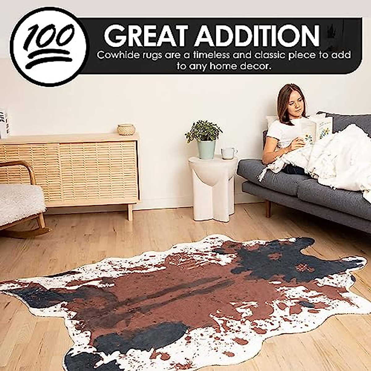 Cowhide Rug Faux Fur Rug Animal Print Non-Slip Backing Carpet For Bedroom, Office, Living Room, Rustic Western Home Decor Throw Rug Mat 56"W x 71"L