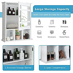 Tangkula Wall-Mounted Bathroom Cabinet, 2-in-1 Storage Organizer with Mirror Door, Wall-Mounted Medicine Cabinet with Adjustable Shelf & 3 Open Compartments for Bathroom, Living Room, Entryway