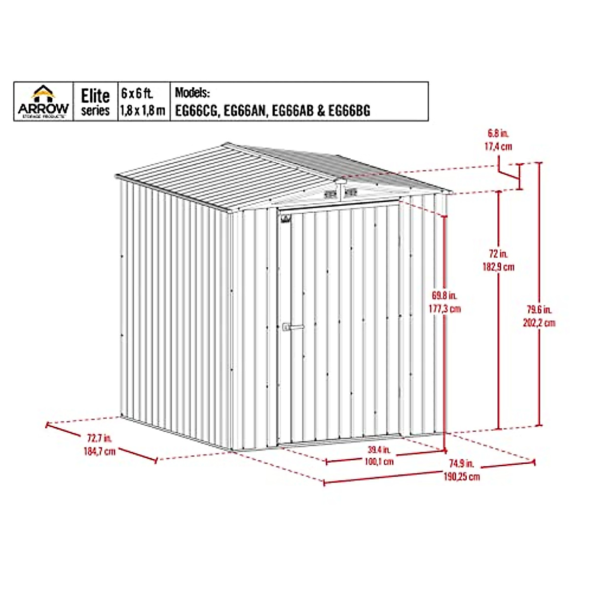 Arrow Shed Elite 6' x 6' Outdoor Lockable Gable Roof Steel Storage Shed Building, Silver