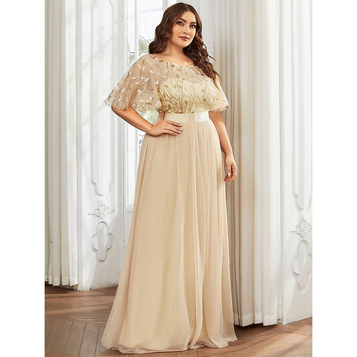 Ever-Pretty Women's Round Neck A-Line Tulle Sequin Plus Size Formal Dresses for Women Gold US18