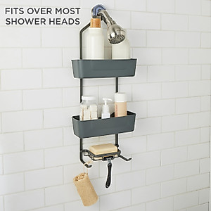 Bath Bliss Tier Aluminum Hanging Caddy, Head, with Loofah Hooks, Soap Dish, Holds Large & Small Bottles, Shower Organization, Toiletries, in Grey