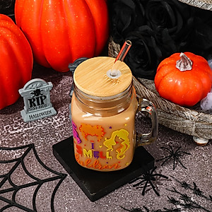 Whaline Halloween Mason Jar Mug with Handle 18oz Hocus Pocus Mason Jar Drinking Glasses Halloween Witch Ice Coffee Cups Glass Mugs Tumbler with Lid and Straw for Iced Coffee Tea Soda Cocktail Gifts