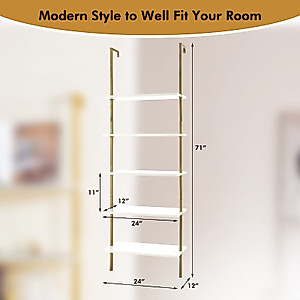 Giantex 5 Tier Modern Wall Mounted Bookshelf, 71'' White and Gold Wood Bookcase with Steel Frame, Stand Display Storage Rack Organizer Ladder Shelf for Living Room, Kitchen
