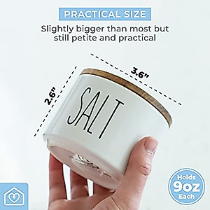 Heartland Home Ceramic Salt and Pepper Bowls. Dual Holder Salt Cellar with Lid. Black and White Stackable Salt Container Set. Salt Keeper, Pepper Bowl, 2 Airtight Wooden Lids. 9oz Salt Box Pinch Dish