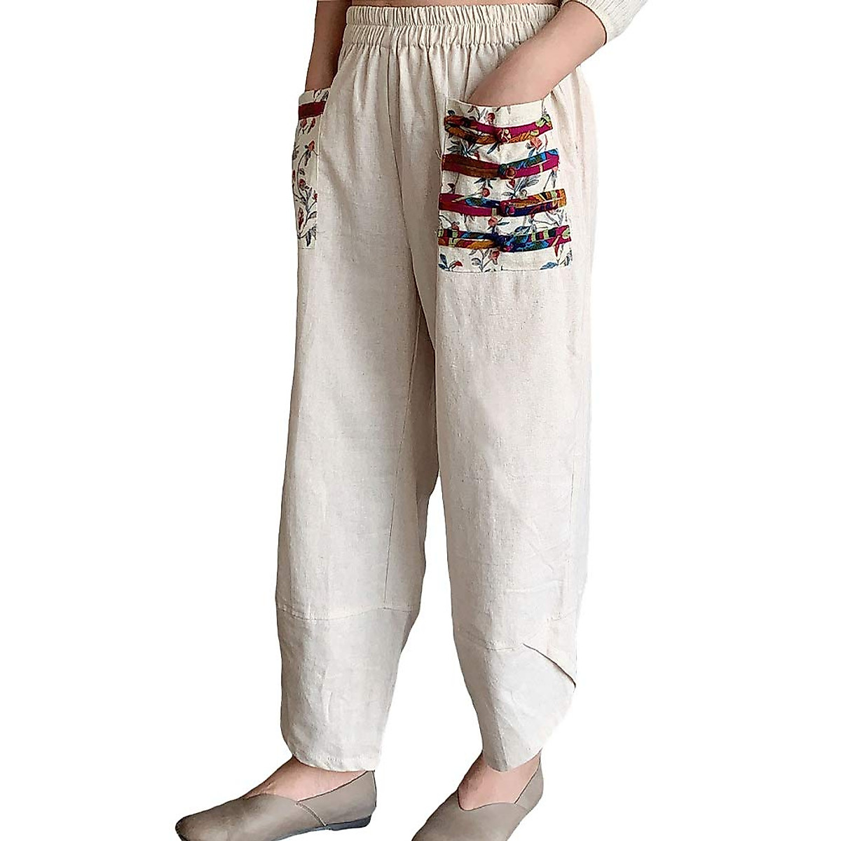 Minibee Women's Baggy Linen Wide Leg Trousers Casual Patchwark Elastic Waist Harem Pants Linen XL