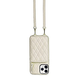 LAMEEKU iPhone 11 Pro Max Case Wallet, Card Holder Case Quilted Leather Crossbody Wallet Case for Lady with Wrist Strap Shockproof Case Compatible with iPhone 11 Pro Max, 6.5"-Beige