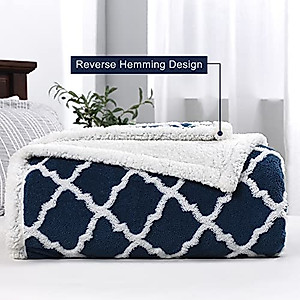 Basic Beyond Fleece Sherpa Throw Blanket - Soft Cozy Navy Blue Throw Blanket with 3D Jacquard Design for Couch,Bed,Travel,Camping,Navy Blue,50"x60"