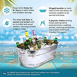 BREKX Stainless-Steel Ice Bucket & Beverage Tub for Parties, Hammered Stainless Steel Finish, Leak-Proof, Rust-Proof, with Handles - 15 Quarts