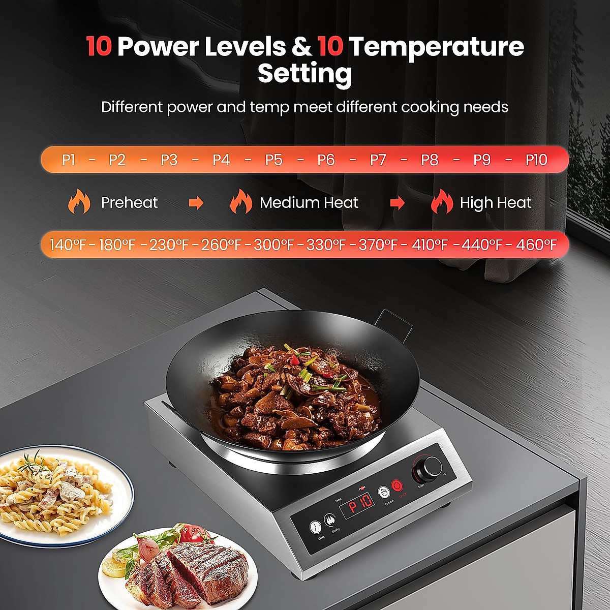 VEXMAECY 1800W Electric Wok Used For Home And Commercial,Induction Wok With Concave Surface Stainless Steel Strong Power Dual Control Mode 10 Power And Temp 24H Timer Induction Cooktop For Cooking