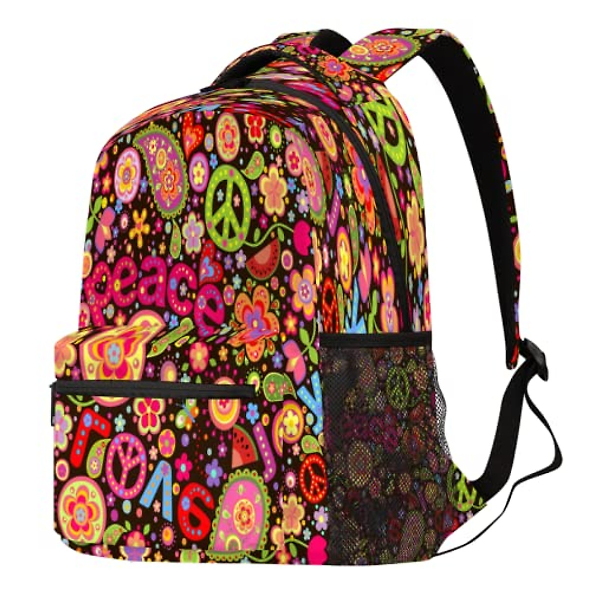 ZQYLAN Peace Sign School Laptop Backpack Colorful Floral Flower Teens School Bags Bookbag,18inch Large Water Resistant College Travel Computer Notebooks Daypack for Men Women