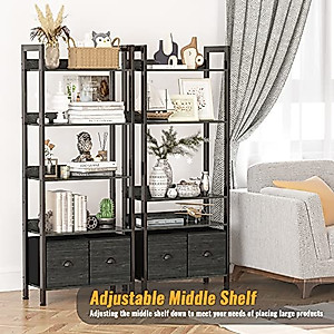 Furologee 5-Tier Bookshelf, Tall Bookcase with 2 Storage Drawers, Industrial Display Standing Shelf Units, Wood and Metal Storage Shelf for Living Room, Bedroom, Home Office, Black Oak