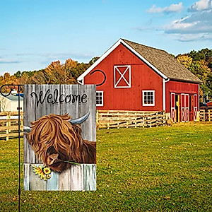 Spring Highland Cow Garden Flag 12x18 Double Sided Burlap, Rustic Farmhouse Scottish Highland Cow with Sunflower Garden Yard Flags Sign Small for Outdoor Outside Decoration (Only Flag)