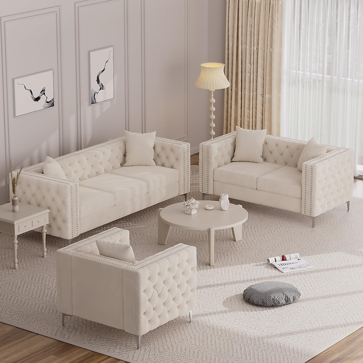 Morden Fort Loveseat Sofa, 61“Beige Mid-Century Couch with Button Tufted and Nailhead Trim and Iron Legs for Living Room, Apartroom, Bedroom, Office