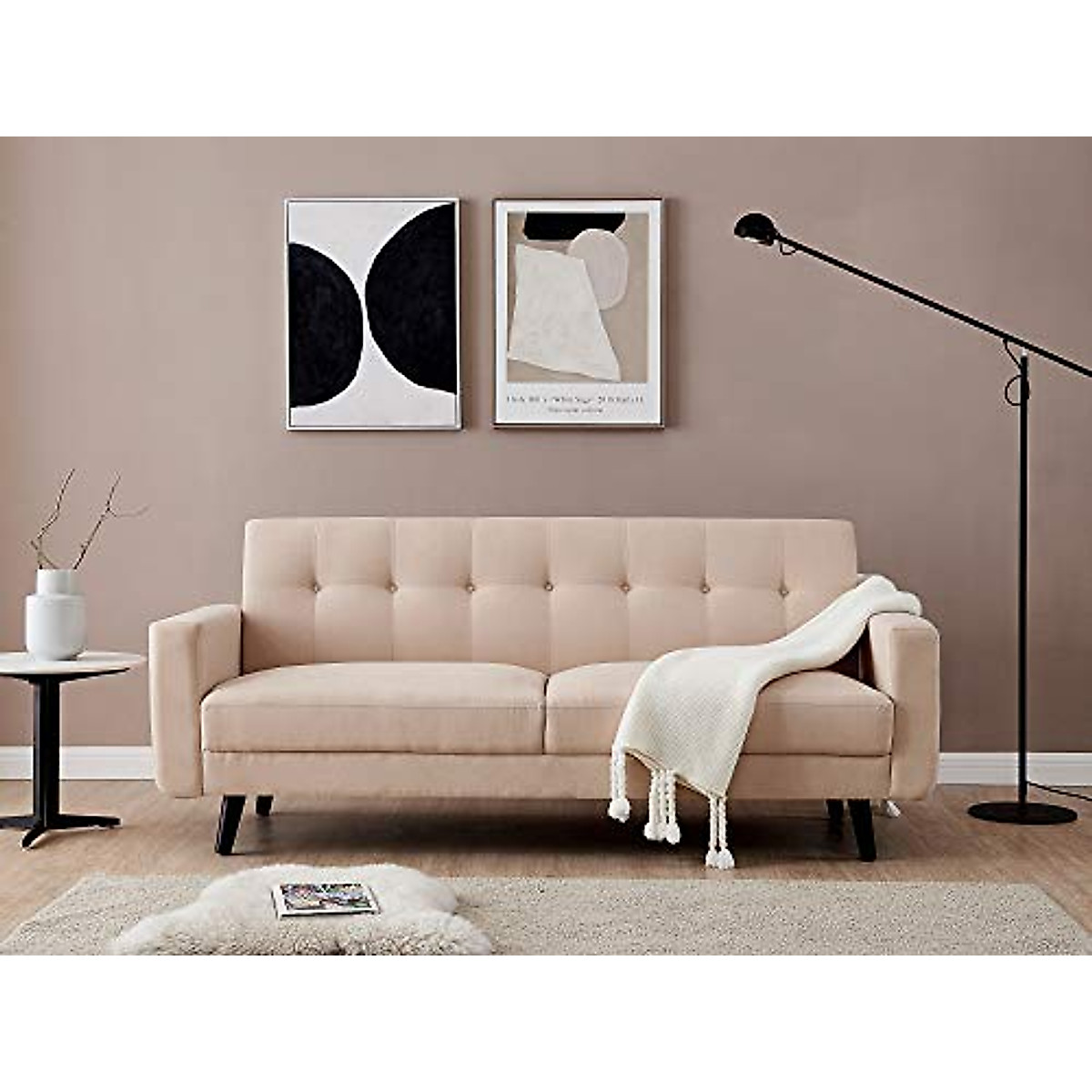 Meiyum Mid-Century Modern Loveseat/Sofa/Couch, with Upholstered Fabric in Brown for Living Room, Bedroom, Office, Apartment - Beige