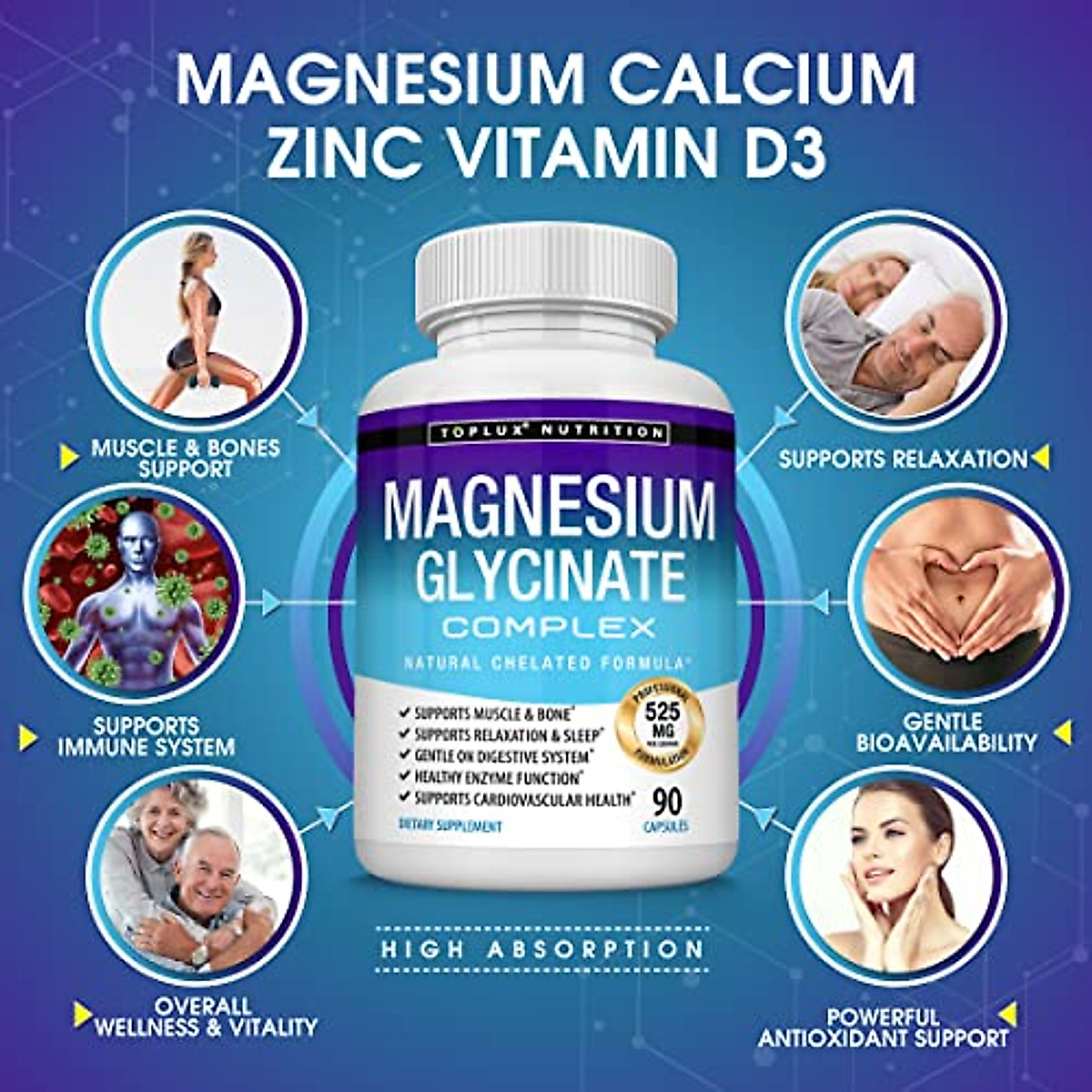 Toplux Magnesium Zinc Calcium Vitamin D3 Complex – Essential Minerals Formulated for Immune System Support, Sleep, Muscle Relaxation & Recovery, Strong Bones, for Men Women, 100 Tablets