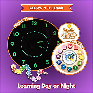 Lace & Learn Wood Clock for Kids - Shapes, Colors, Lacing & Telling Time Toddler Clock - Glow in The Dark Fine Motor Skills and Wooden Toys with Activity eBook